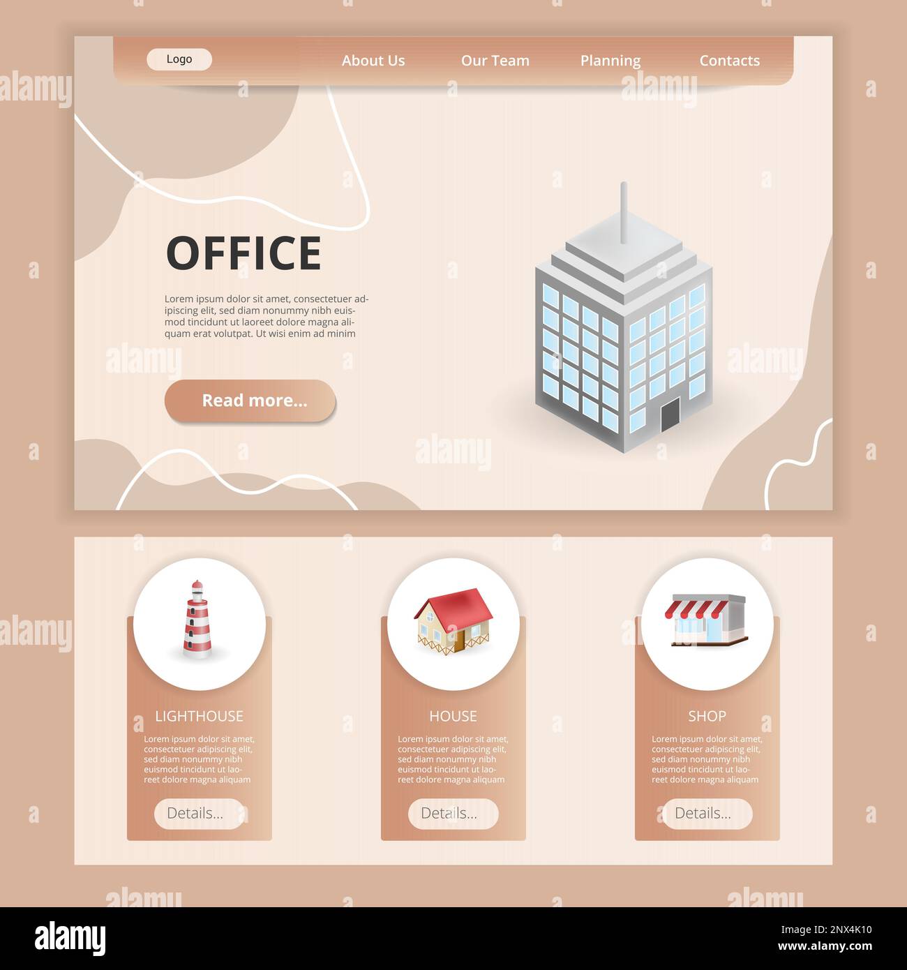 Office flat landing page website template. Lighthouse, house, shop. Web ...