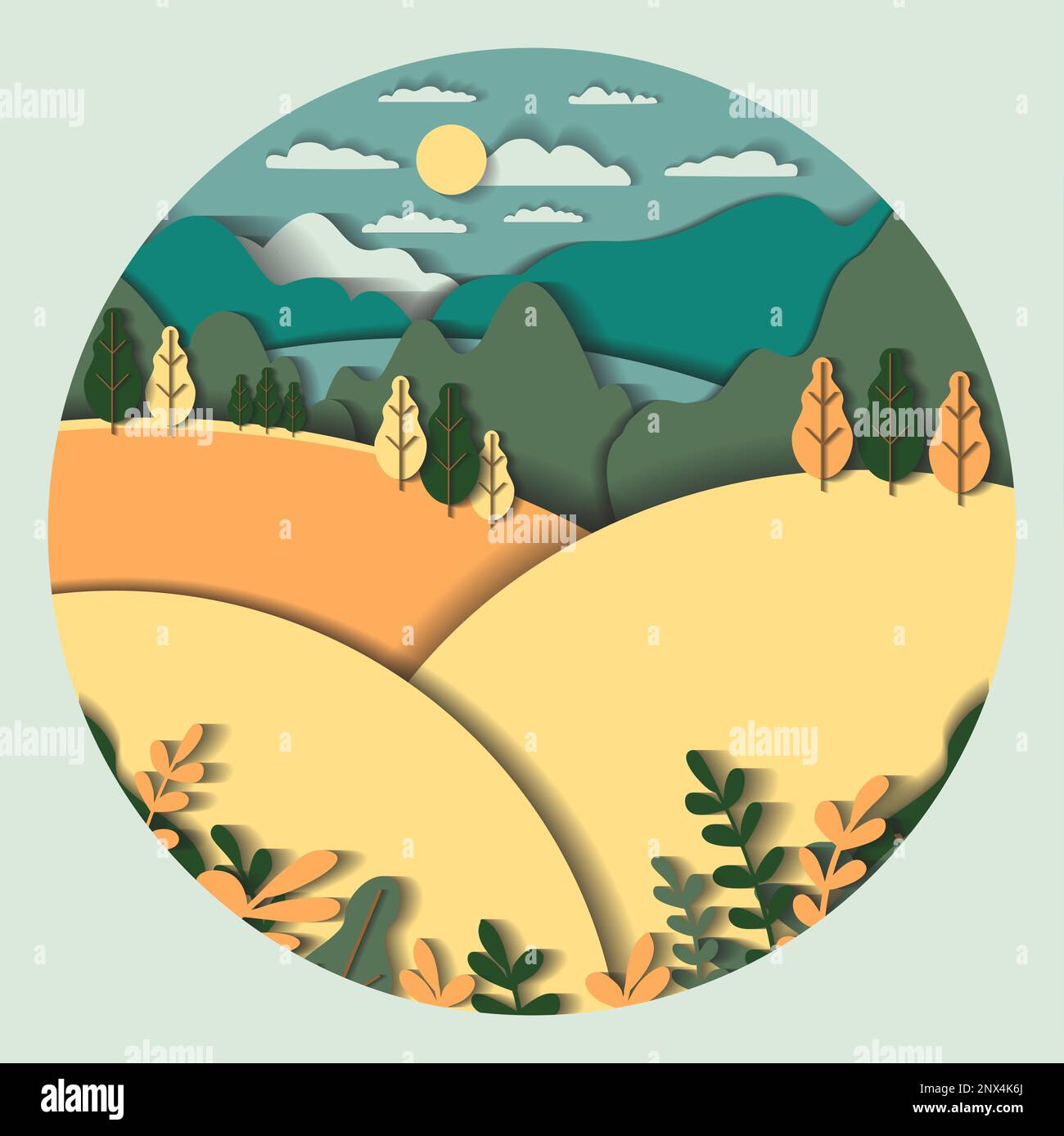 3d vector paper cut landscape with mountains, hills, field, tree ...