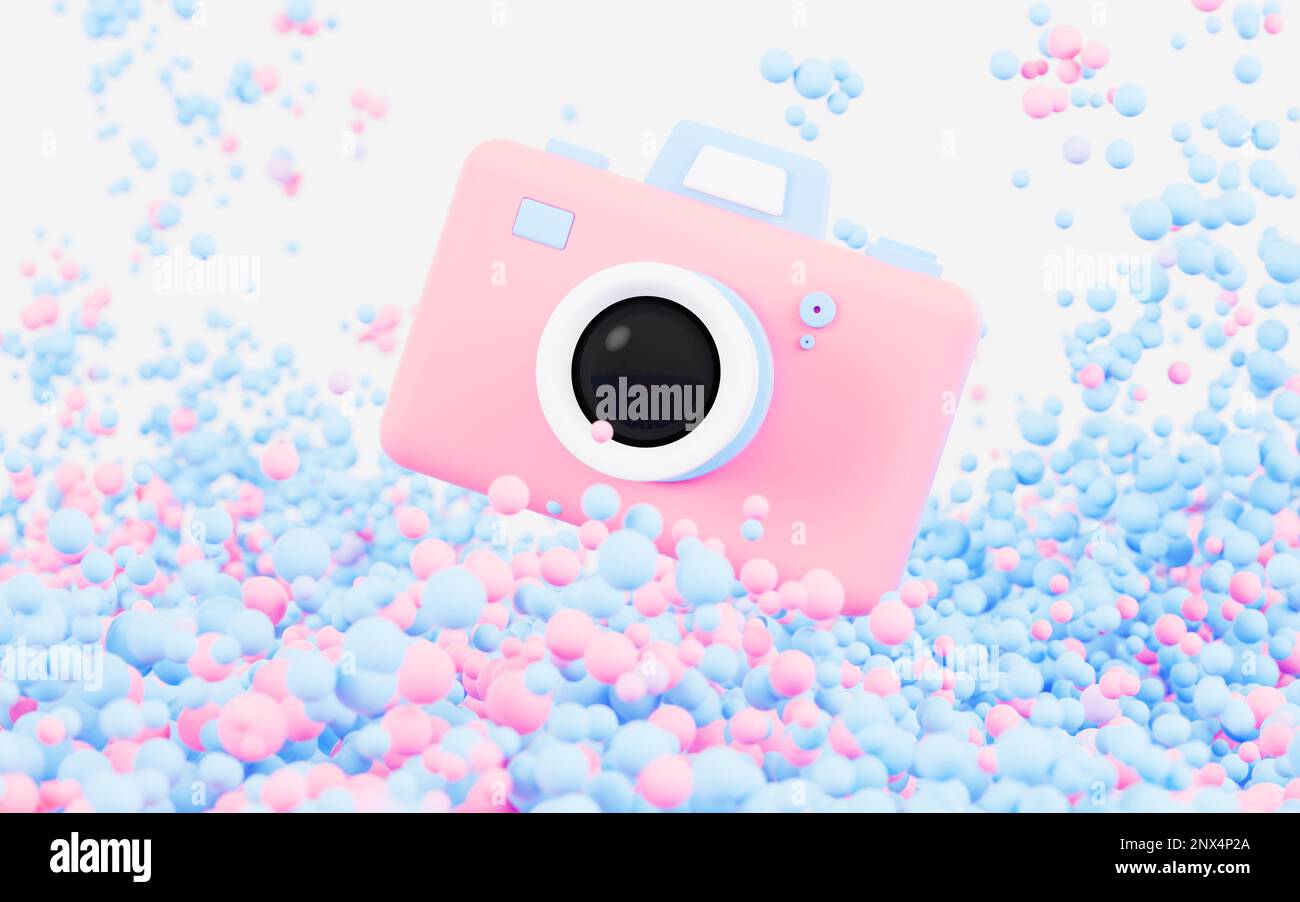 Cartoon camera with colorful spheres background, 3d rendering. Digital ...