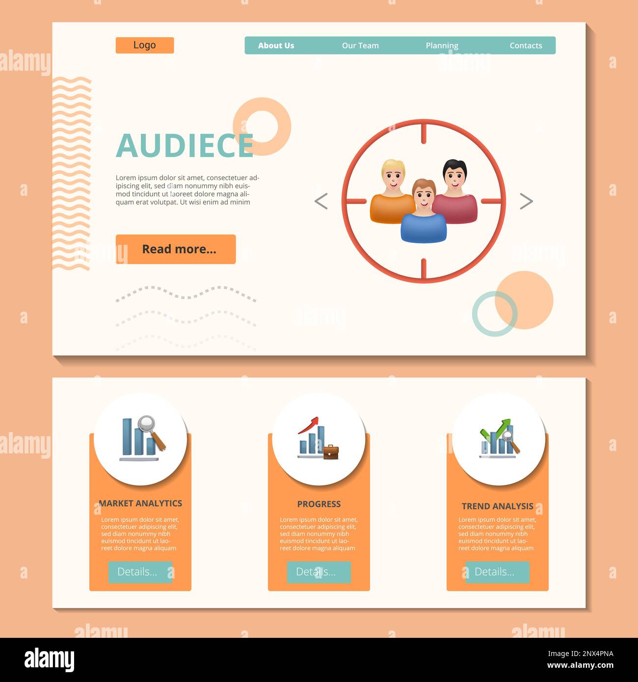 Audiece flat landing page website template. Market analytics, progress ...