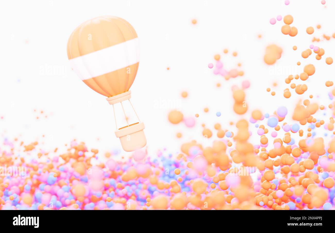 Cartoon hot balloon with colorful spheres background, 3d rendering ...