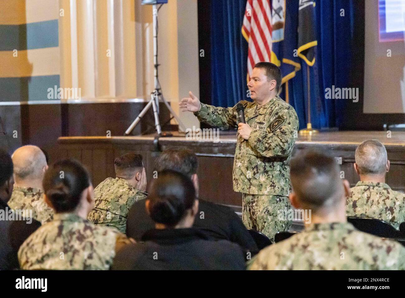 Chief of Naval Personnel Vice Adm. Rick Cheeseman, speaks at an all ...