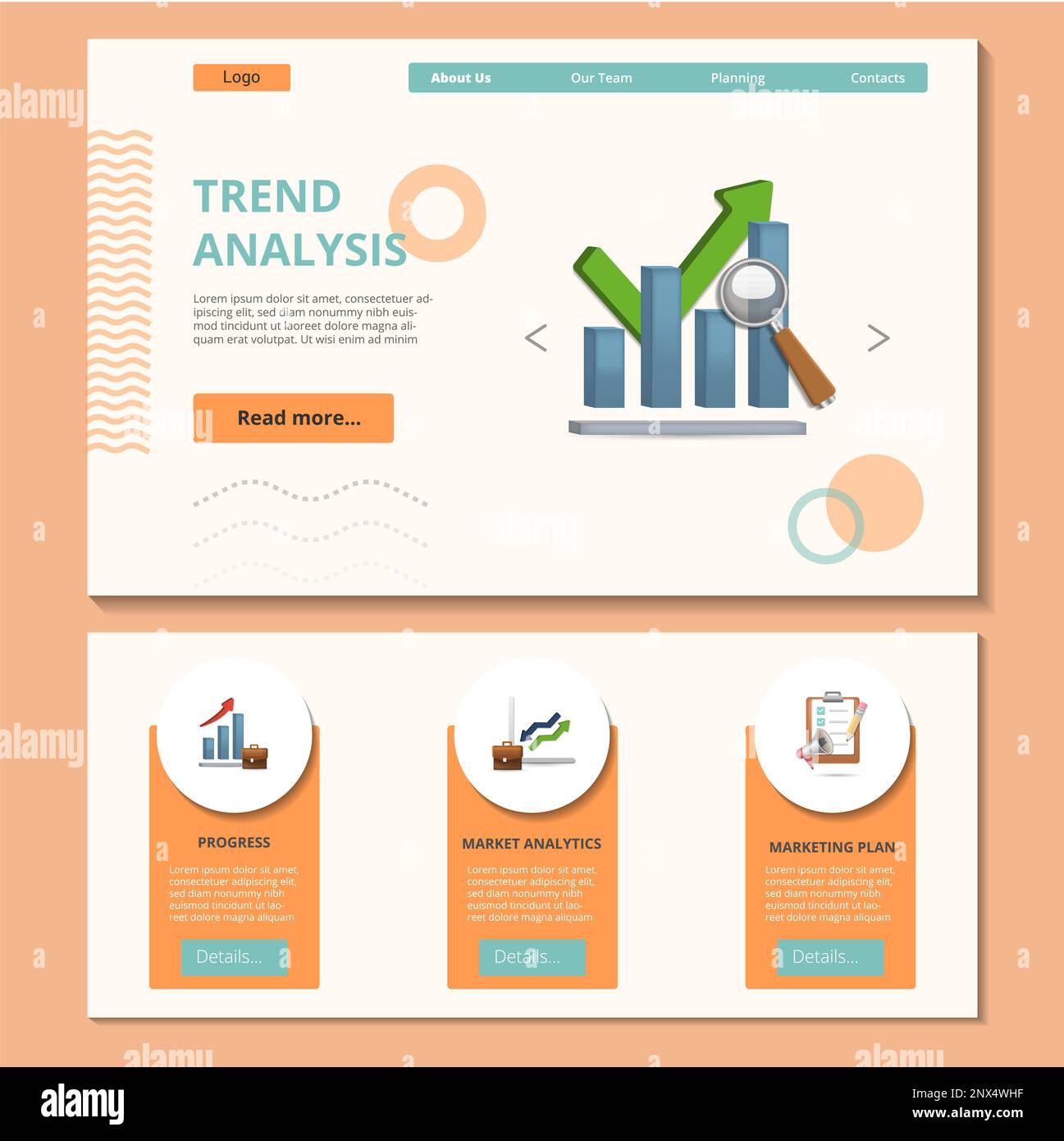 Trend analysis flat landing page website template. Progress, market analytics, marketing plan ...