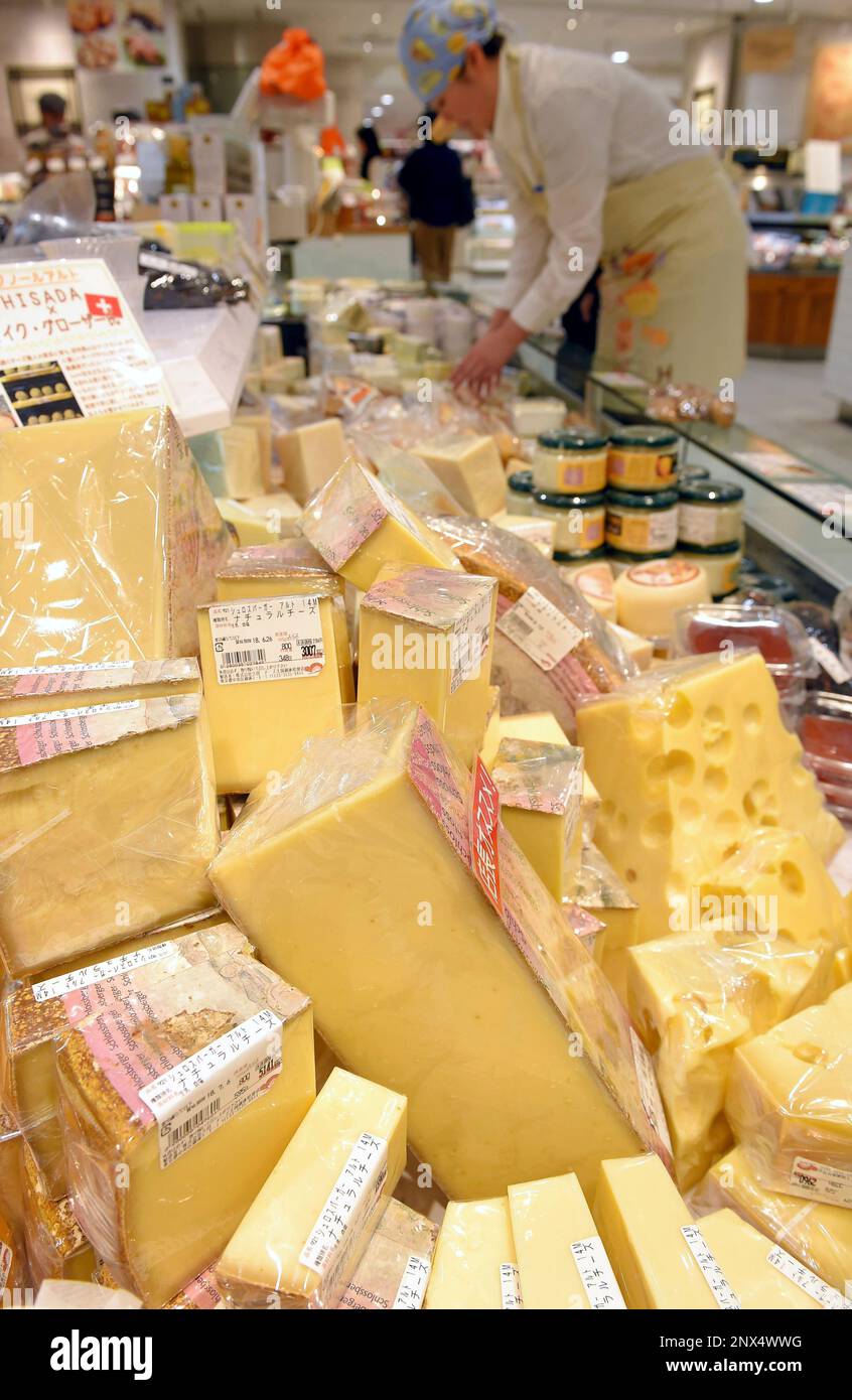 A photo shows imported cheeses on sale in a department store in Ginza ...