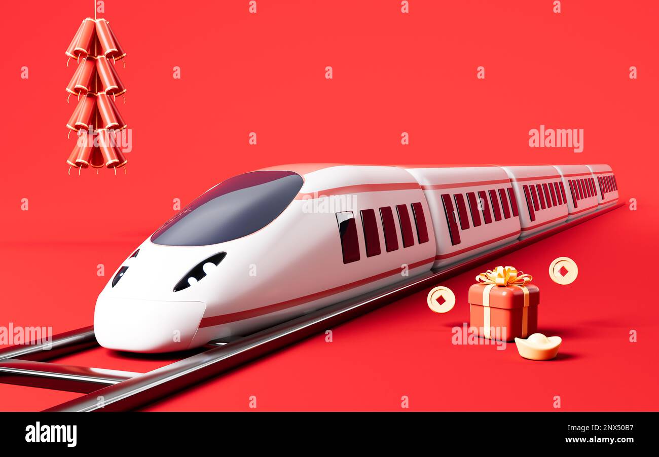 Cartoon high-speed train and firecrackers, Spring Festival theme, 3d ...