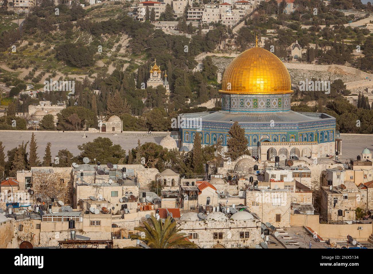 Aerial view of old City, is possible to see The Dome of the Rock and ...