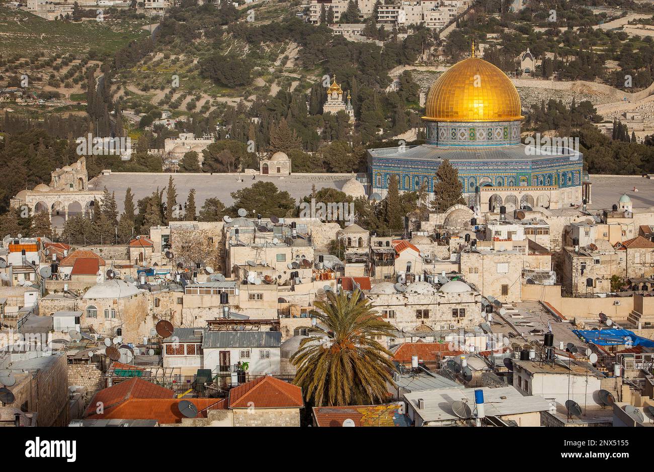 Aerial view of old City, is possible to see The Dome of the Rock and ...