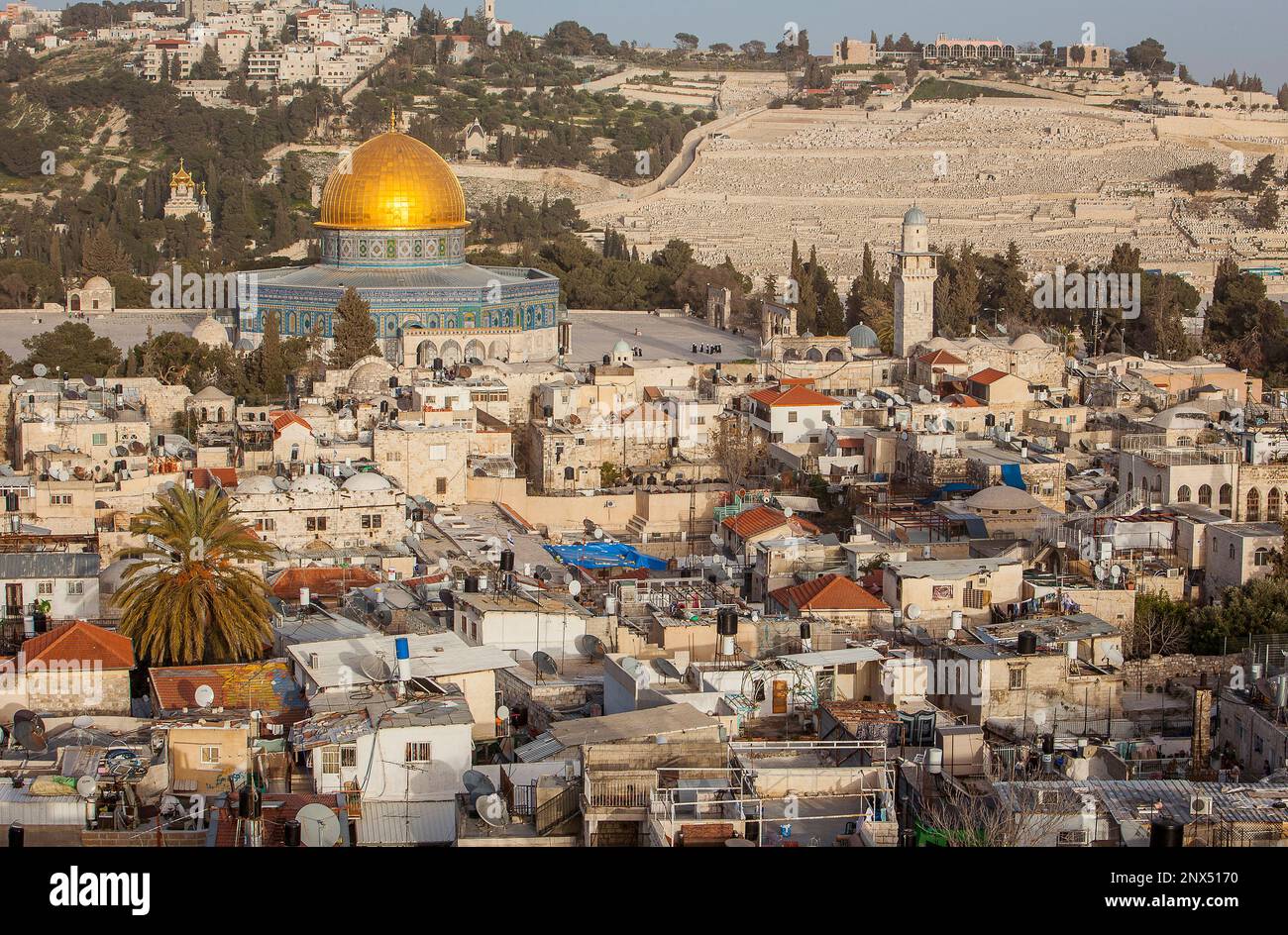 Aerial view of old City, is possible to see The Dome of the Rock and ...