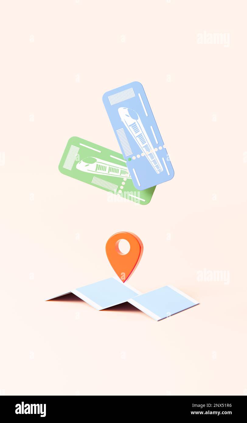 Train tickets and map in the yellow background, 3d rendering. Digital ...
