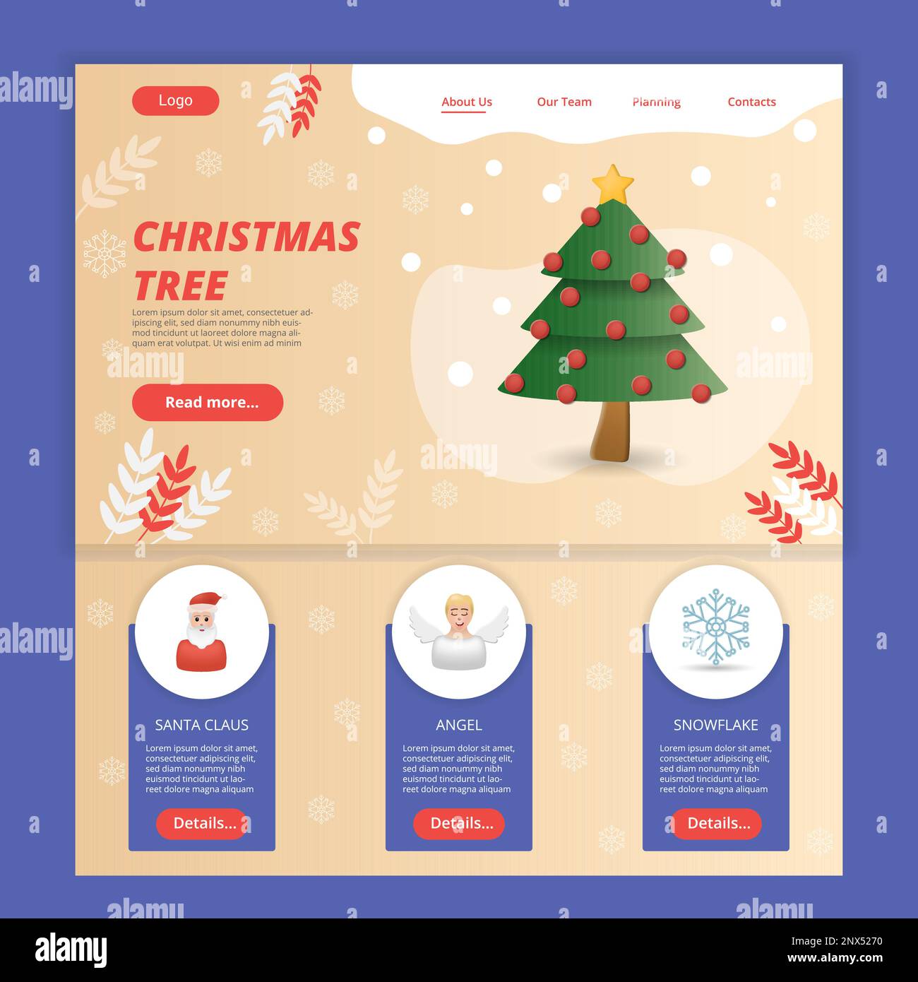 Christmas tree flat landing page website template. Santa Claus, angel ...