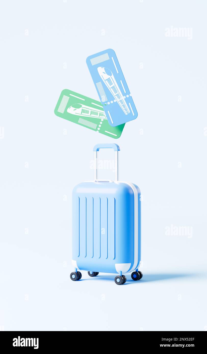 Cartoon luggage and train ticket in the blue background, 3d rendering ...