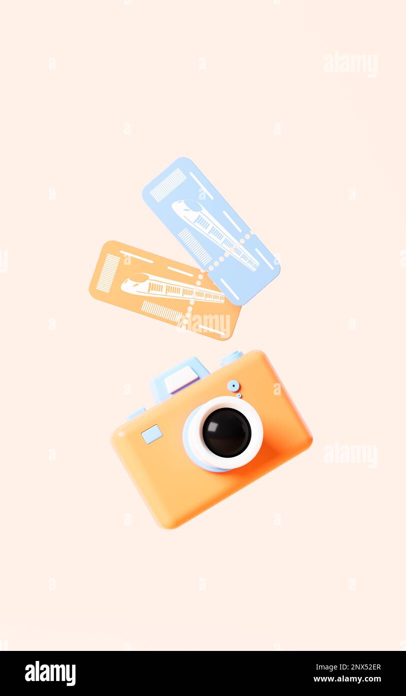 Camera and train tickets in the yellow background, 3d rendering ...