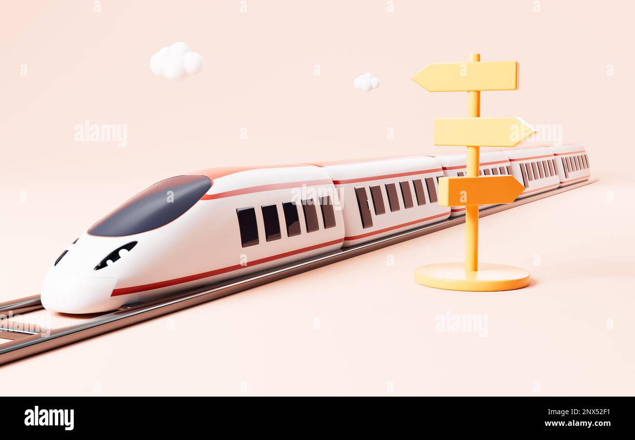 Cartoon high-speed train and indicator in the yellow background, 3d ...