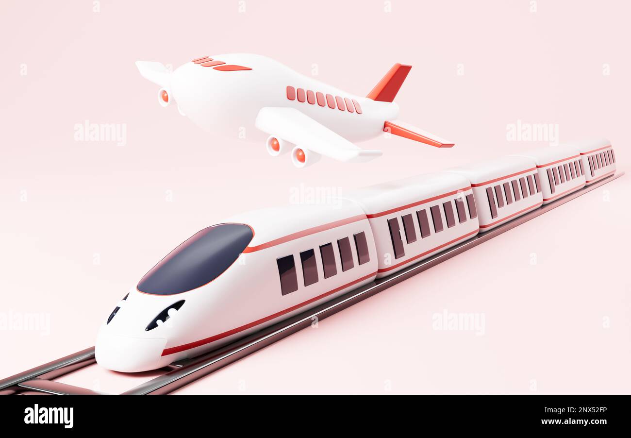 Cartoon airplane and high-speed train in the pink background, 3d ...