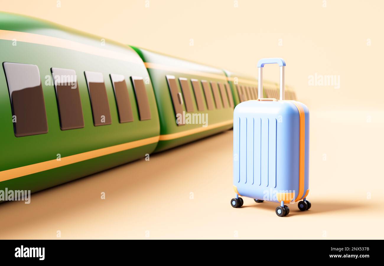 Cartoon high-speed train and trunk in the yellow background, 3d ...