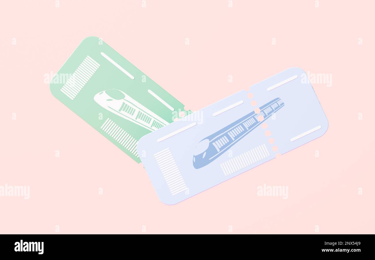 Cartoon railway ticket in the yellow background, 3d rendering. Digital ...