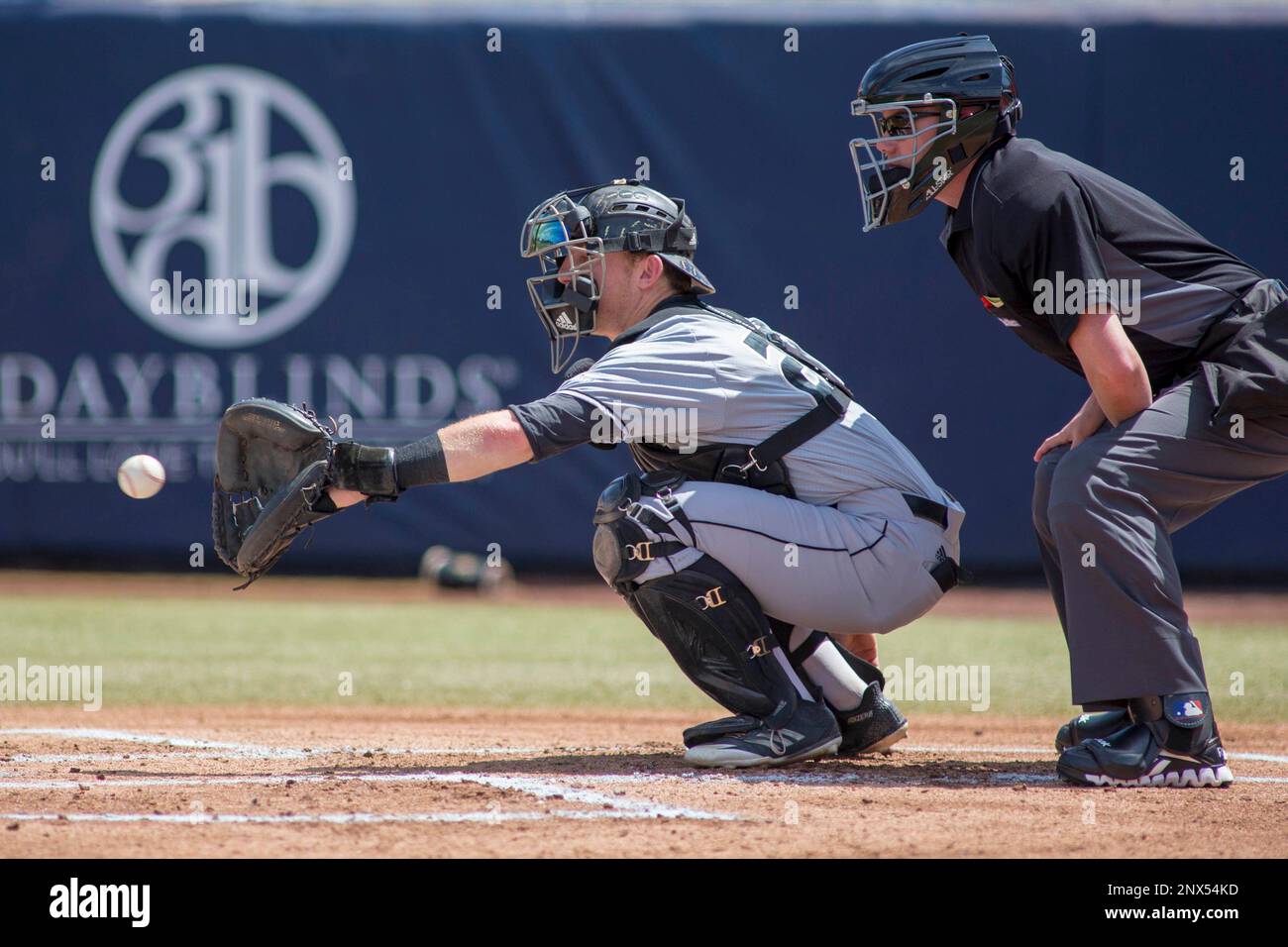 Cal Poly San Luis Obispo Mustangs catcher Nick Meyer (26) sets a target ...