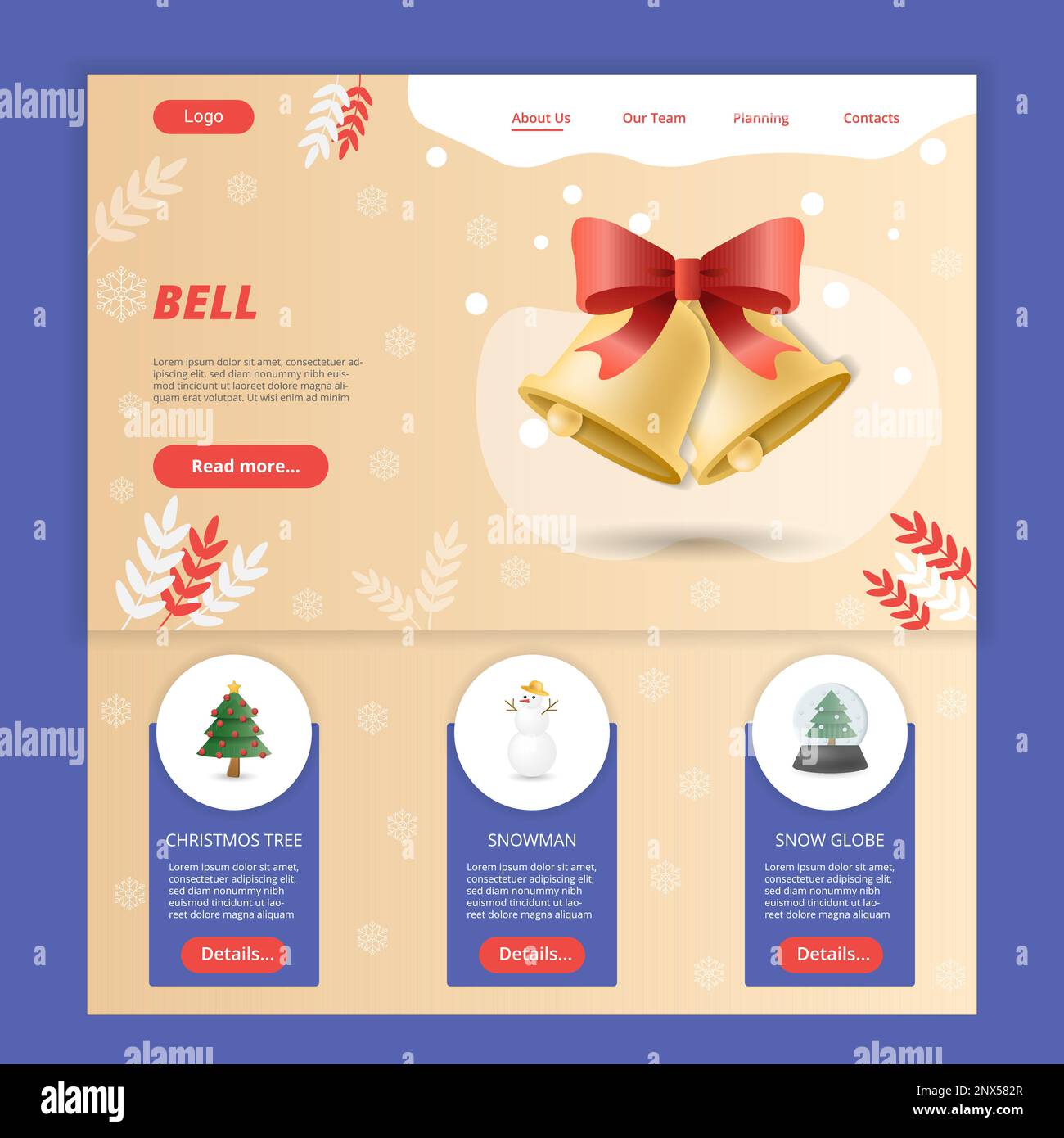Bell flat landing page website template. Christmas tree, snowman, snow ...