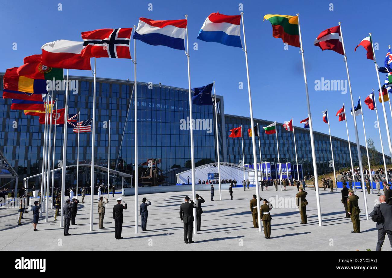 FILE - In this May 25, 2017 file photo, flags of NATO member countries ...