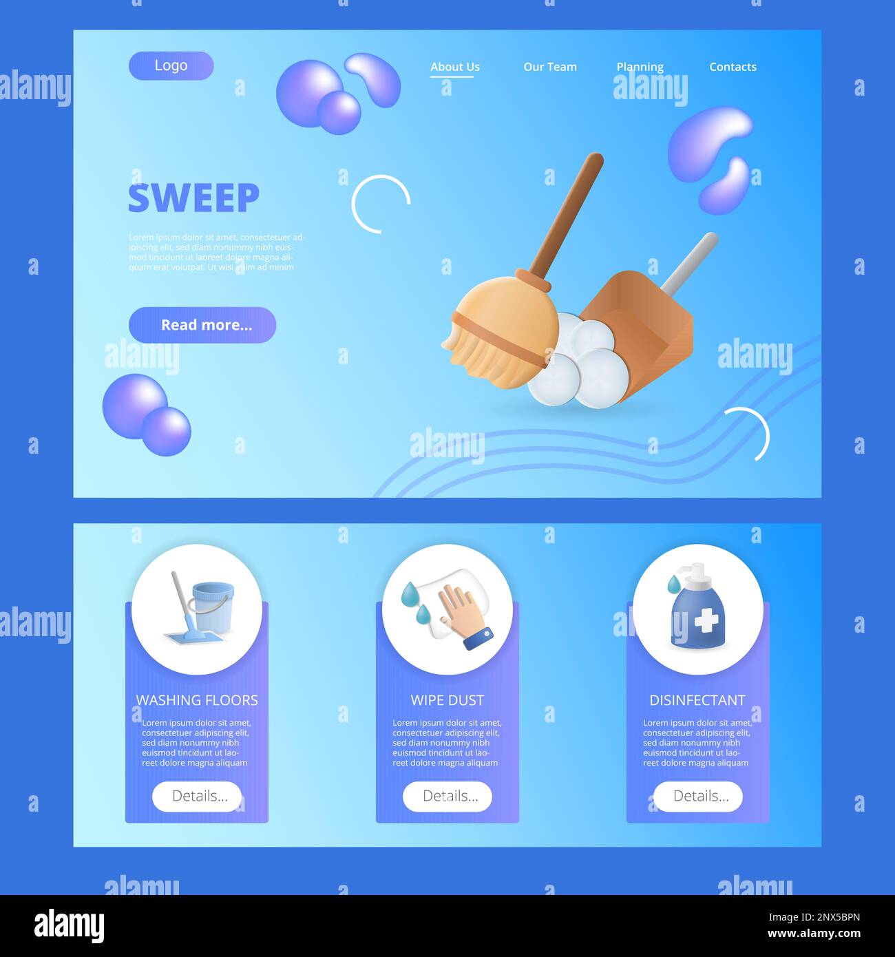 Sweep flat landing page website template. Washing floors, wipe dust ...