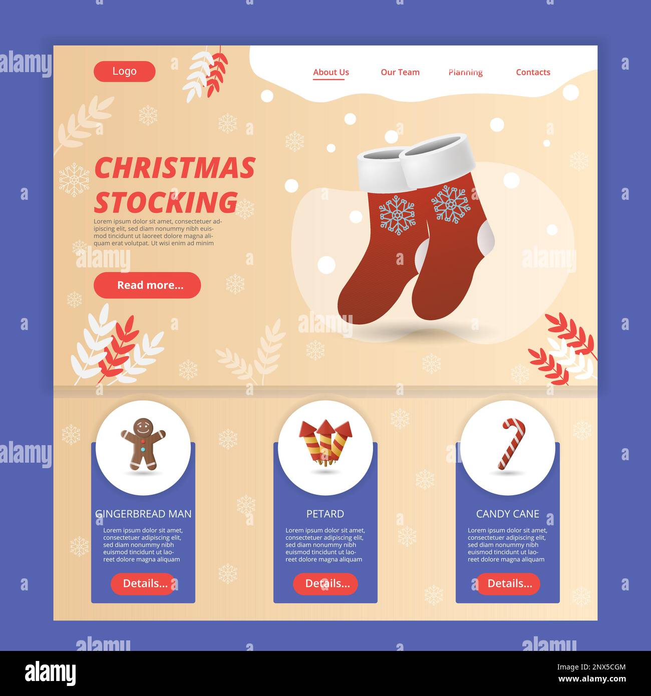 Christmas stocking flat landing page website template. Gingerbread man ...