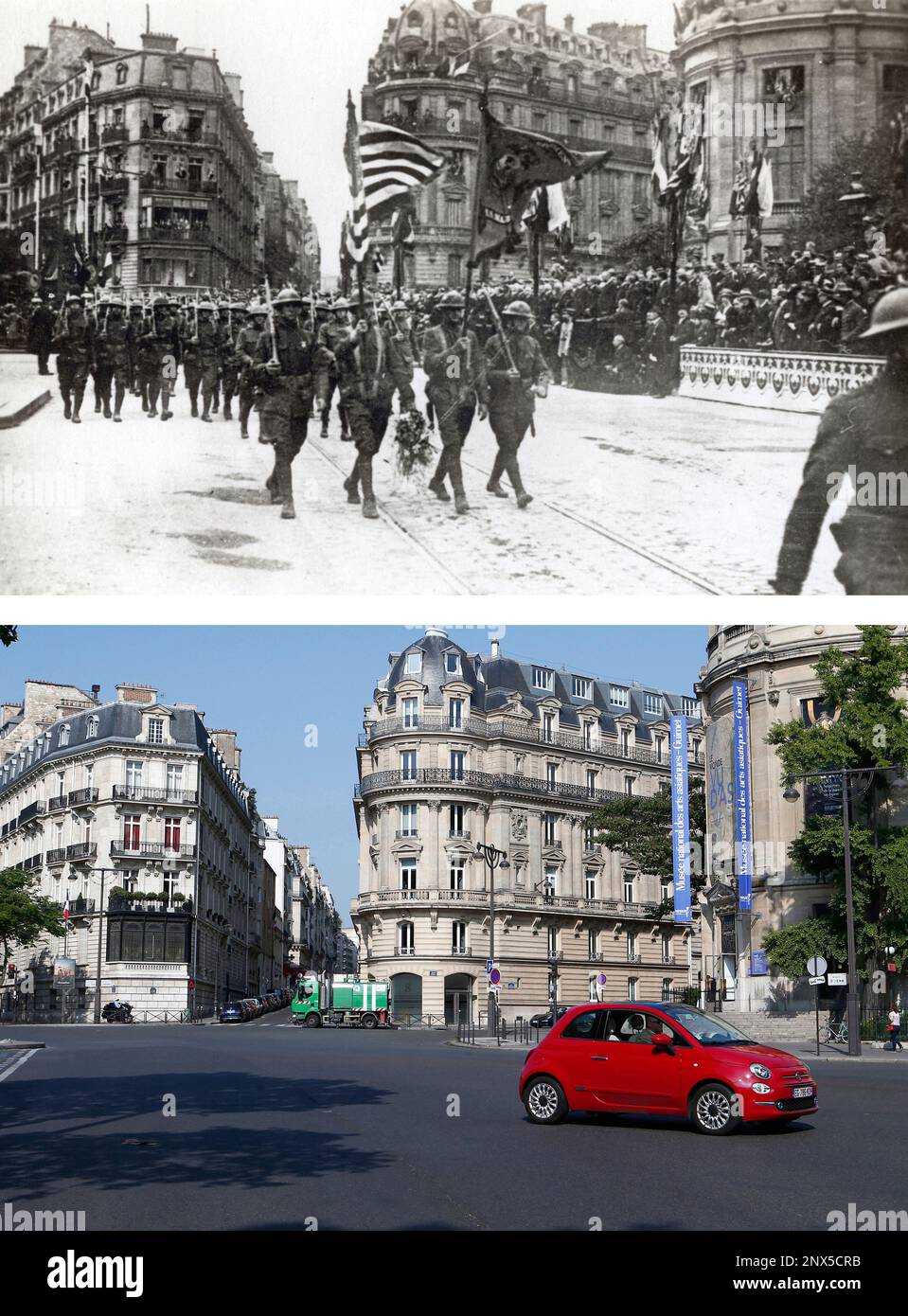 This combo of two photographs shows a 4th of July Parade in Paris ...