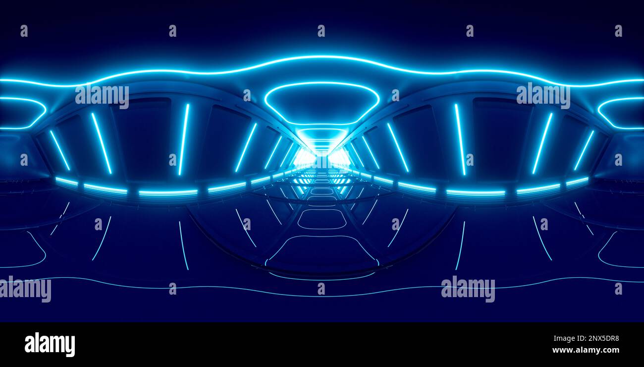 Neon tunnel 360 panorama background, 3d rendering. Digital drawing ...