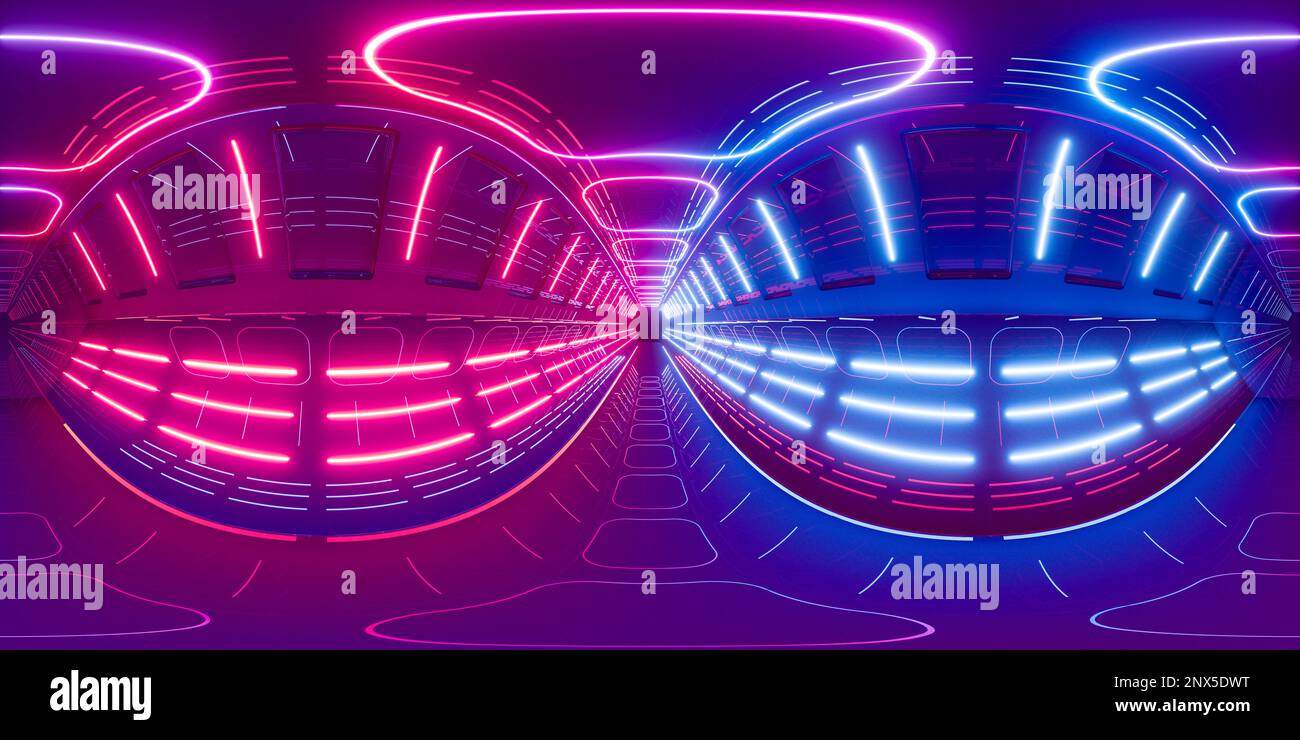 Neon tunnel 360 panorama background, 3d rendering. Digital drawing ...