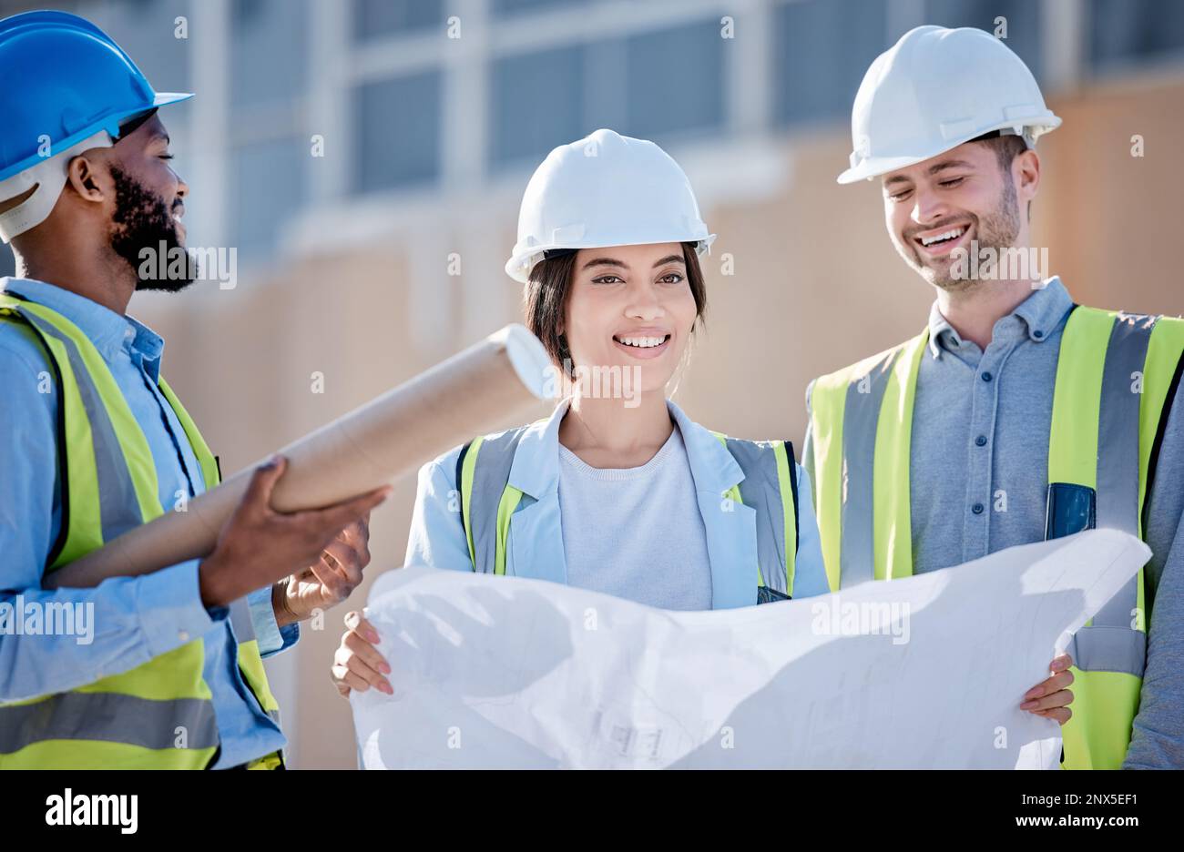 Blueprint, planning and engineering with people on construction site for teamwork, building and ...