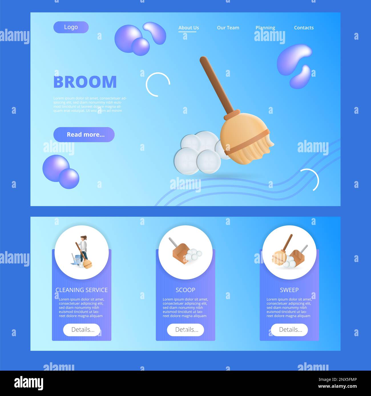 Broom flat landing page website template. Cleaning service, scoop ...