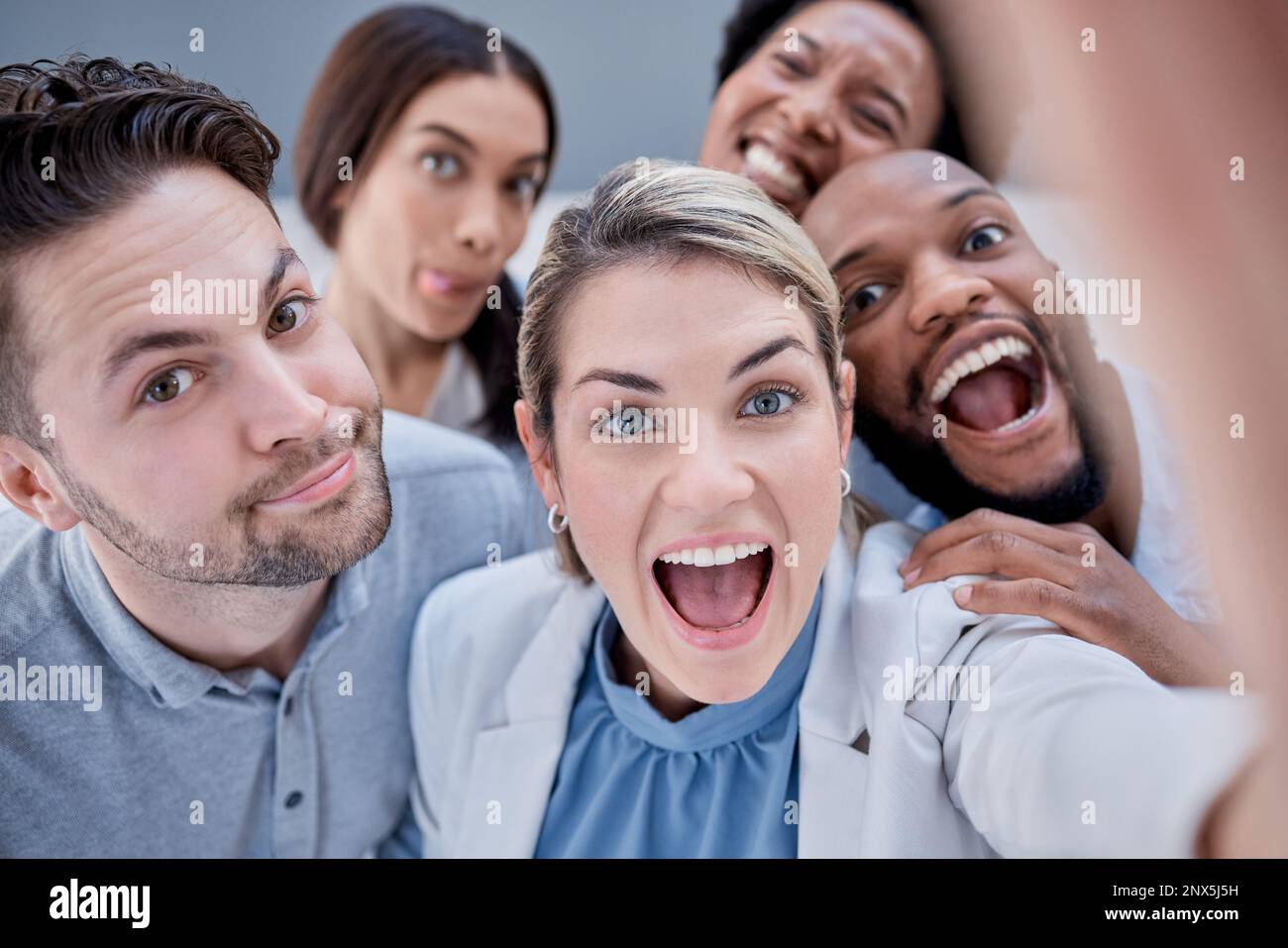 Business, people and funny portrait selfie of teamwork, faces and motivation of corporate ...