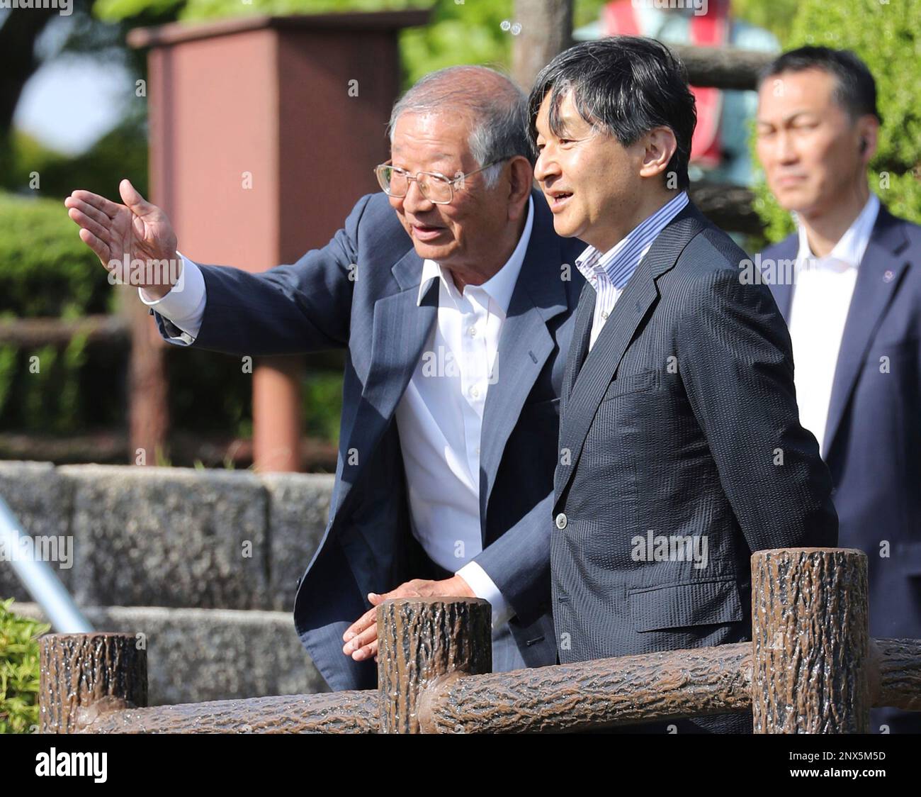 Japan's Crown Prince Naruhito views the National Important cultural property Sendo Hira Komon, a ...