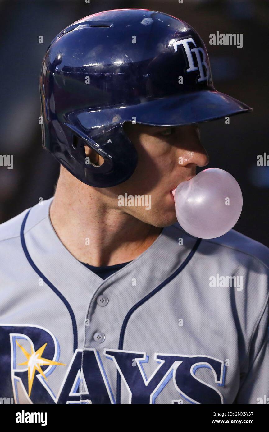 May 18, 2018: Tampa Bay Rays second baseman Joey Wendle (18) blows a ...