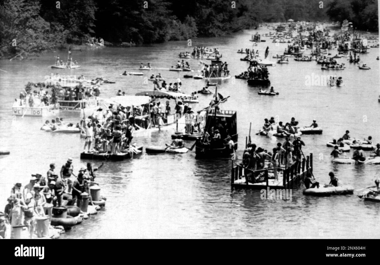 The Chattahoochee River is covered with floating craft Saturday as they ...