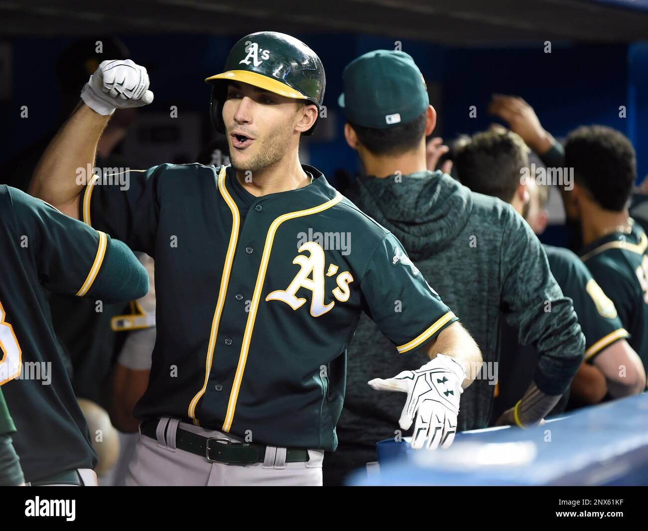 Oakland Athletics' Matt Olson (28) celebrates with teammates after ...