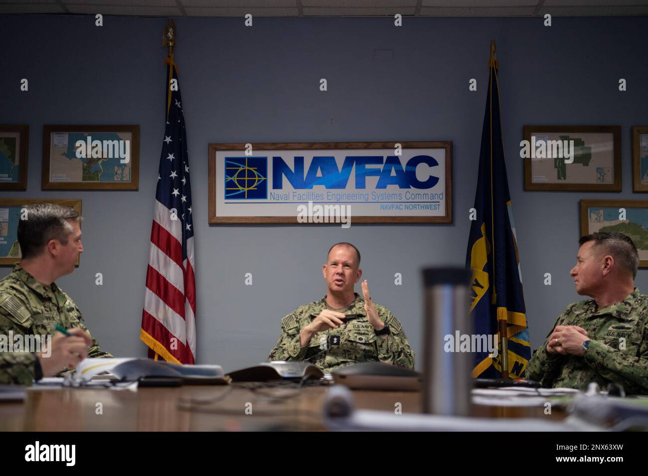 Rear Adm. Dean VanderLey, commander, Naval Facilities Engineering Systems Command meets with ...
