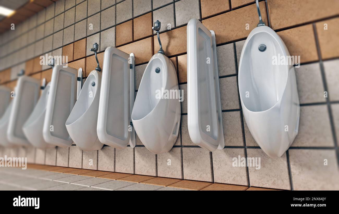 Public restroom with urinals hanging on the walls. 3D illustration ...