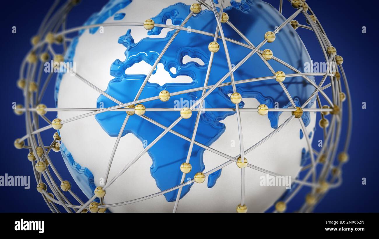 Global network concept with dots connecting intersection points. 3D ...