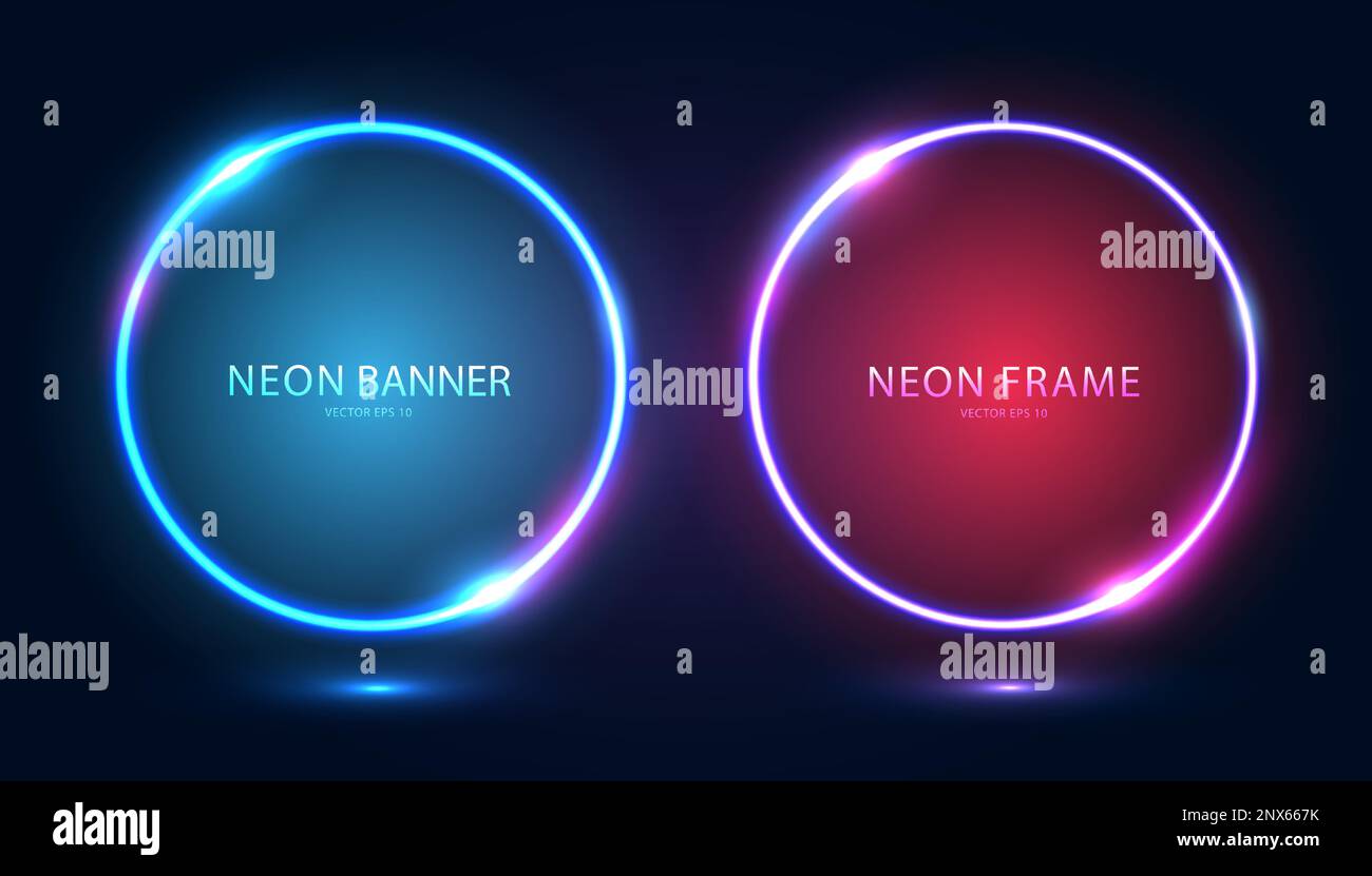 A set of round neon frames with shining effects and highlights on a ...