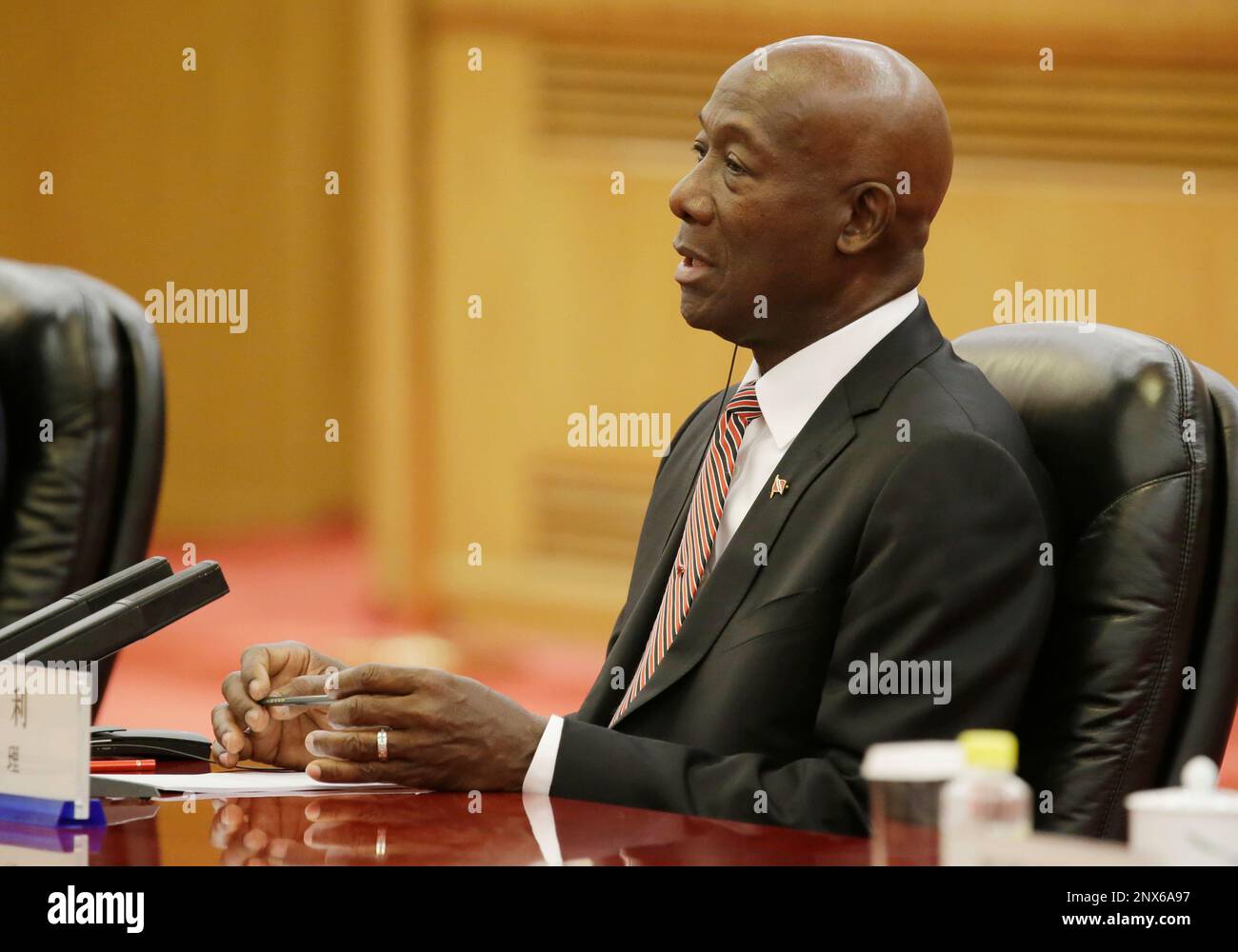 Trinidad and Tobago Prime Minister Keith Rowley speaks during a meeting ...