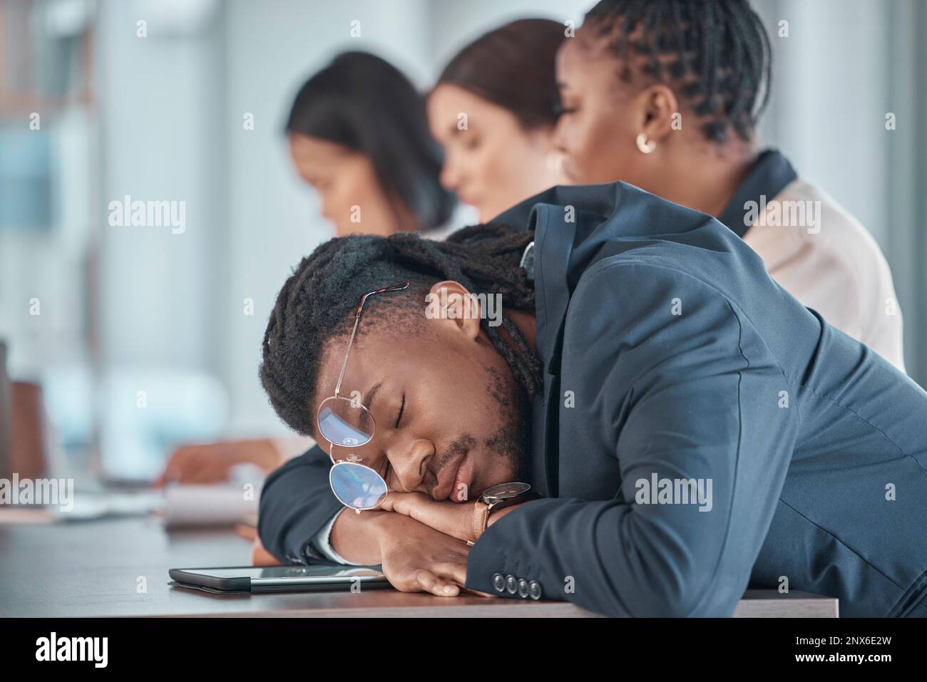 Tired, sleeping and business man in meeting fatigue, burnout and low ...