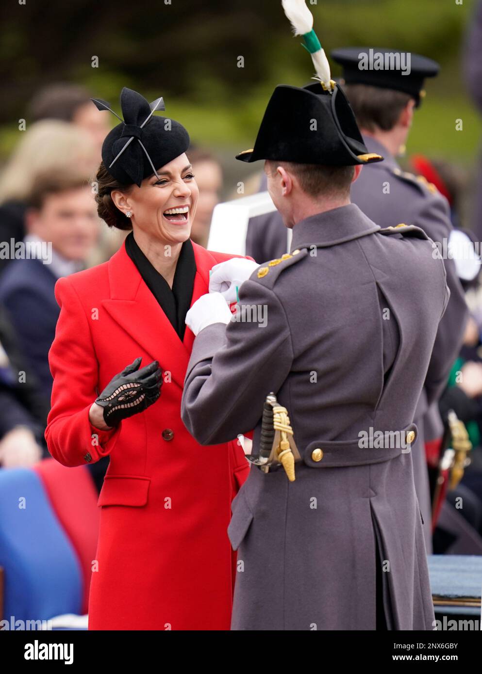 The Princess of Wales is presented with a leek corsage by a Guardsmen ...
