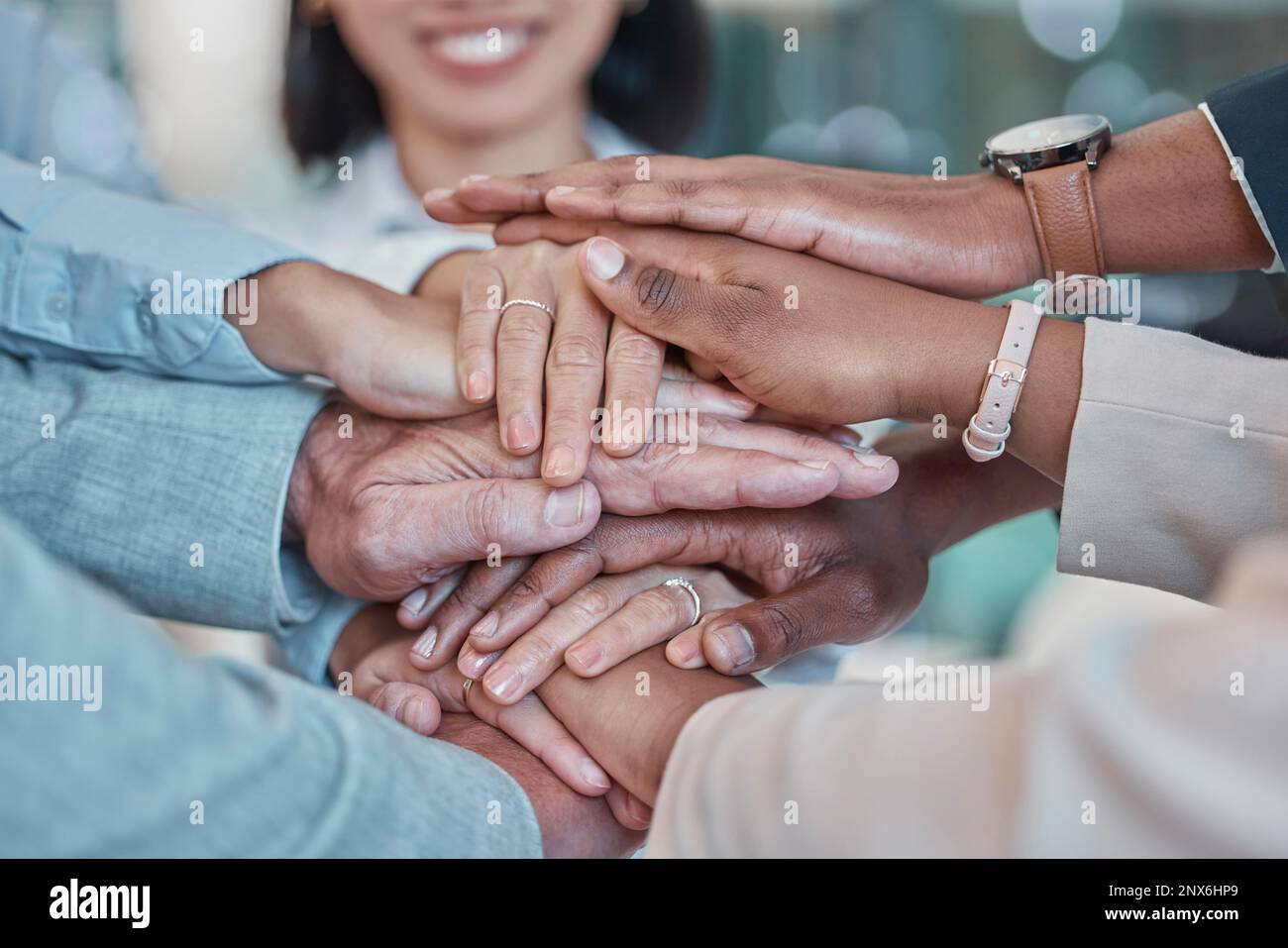 Business people, diversity and hands together in trust, partnership or ...