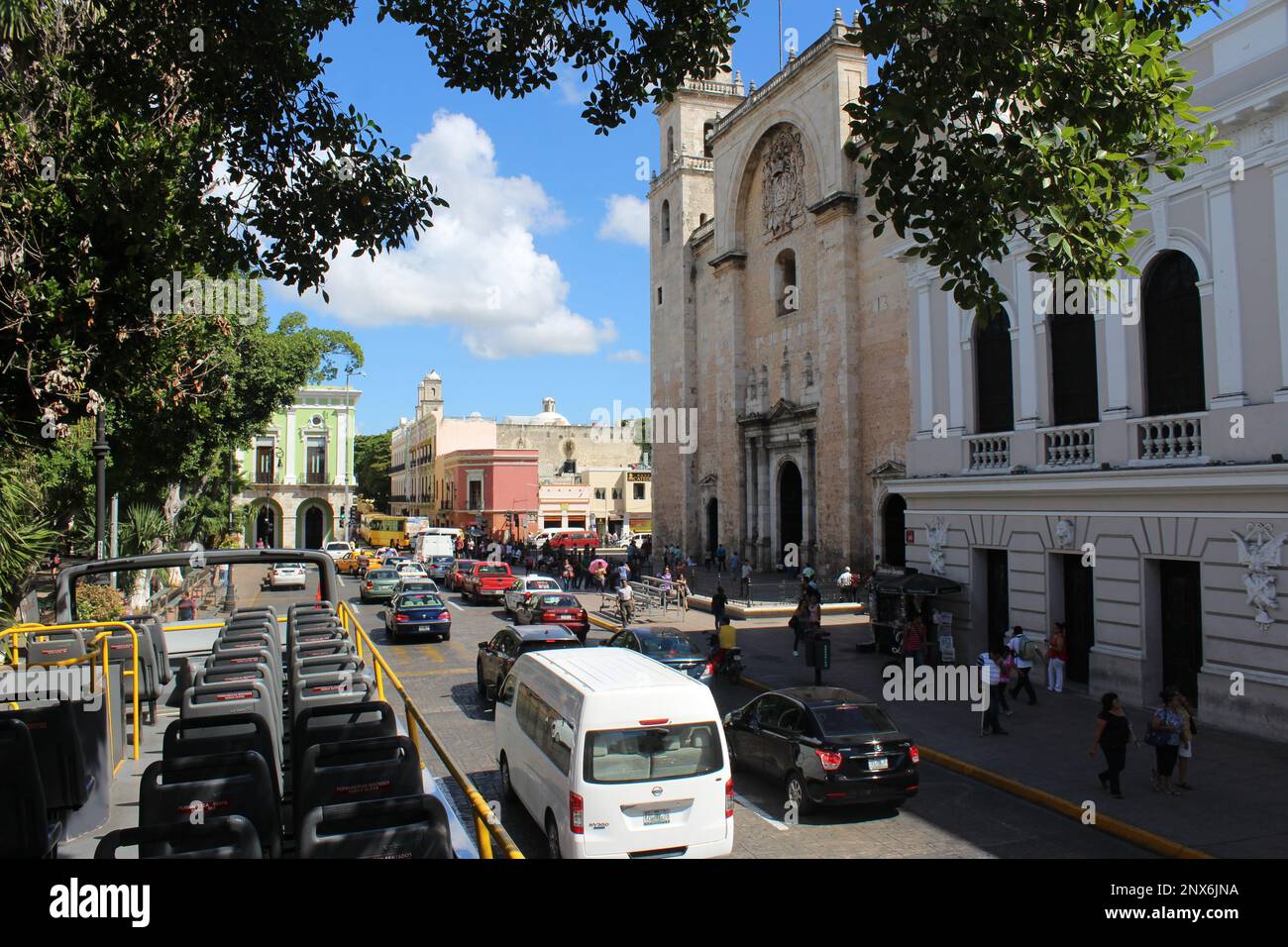 MERIDA, MEXICO - OCTOBER 21, 2016 seats in an open top tour bus and the ...