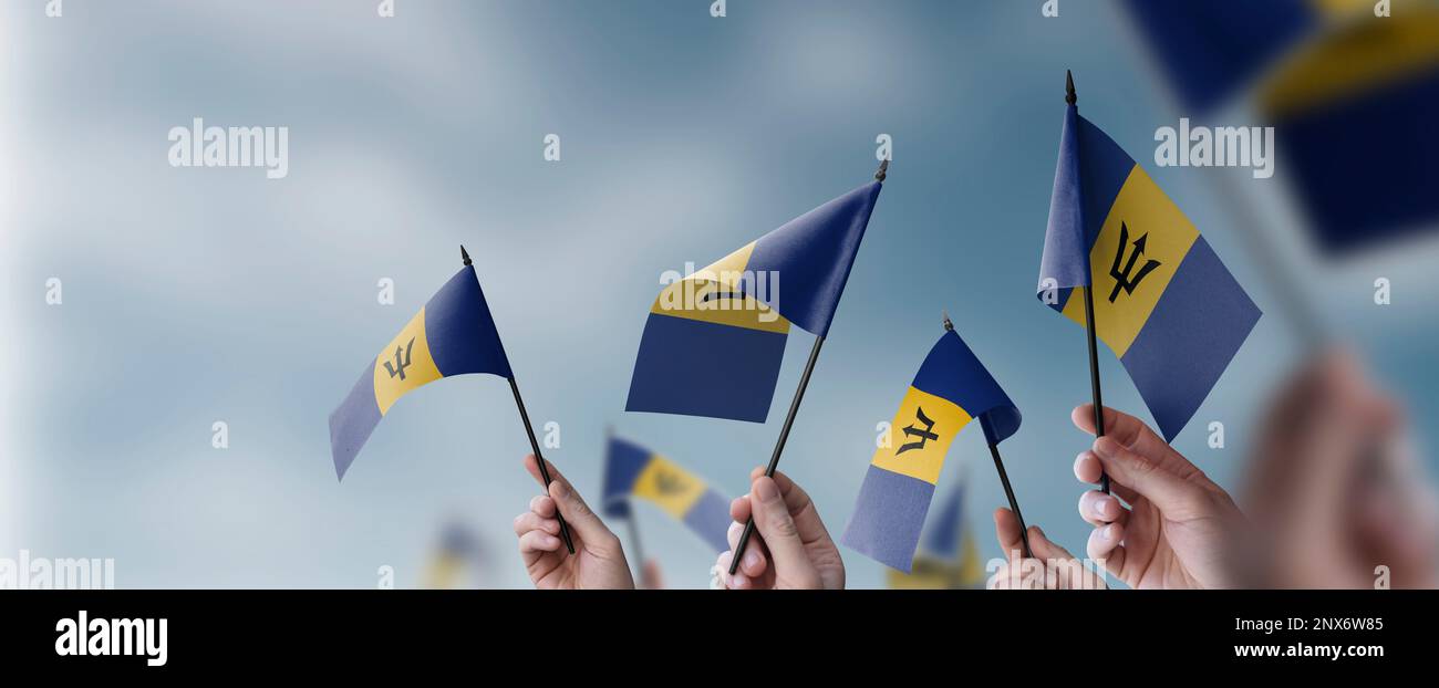 A group of people holding small flags of the Barbados in their hands ...