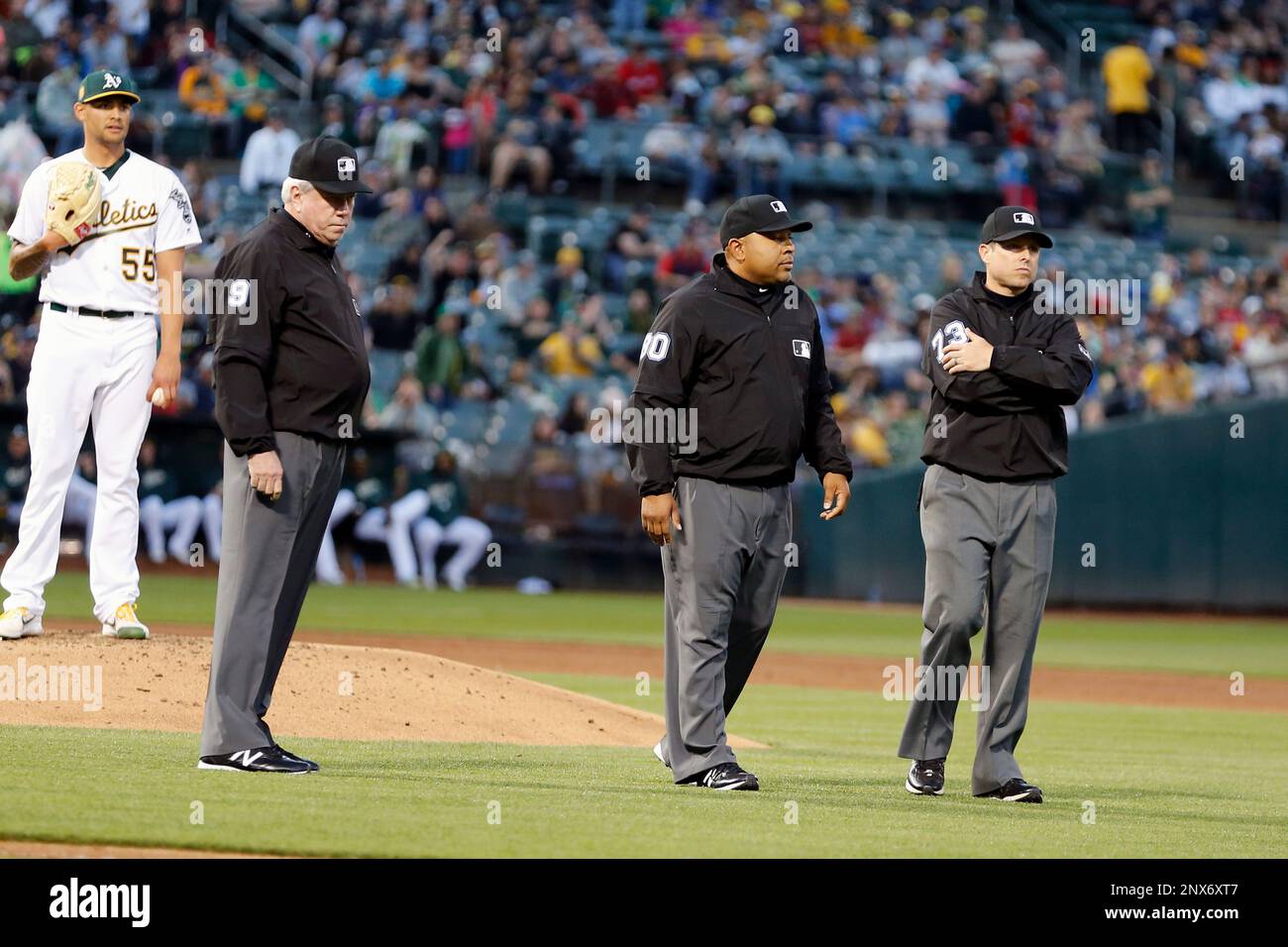 L-R umpire Brian Gorman (9), umpire Adrian Johnson (80) and umpire Todd ...