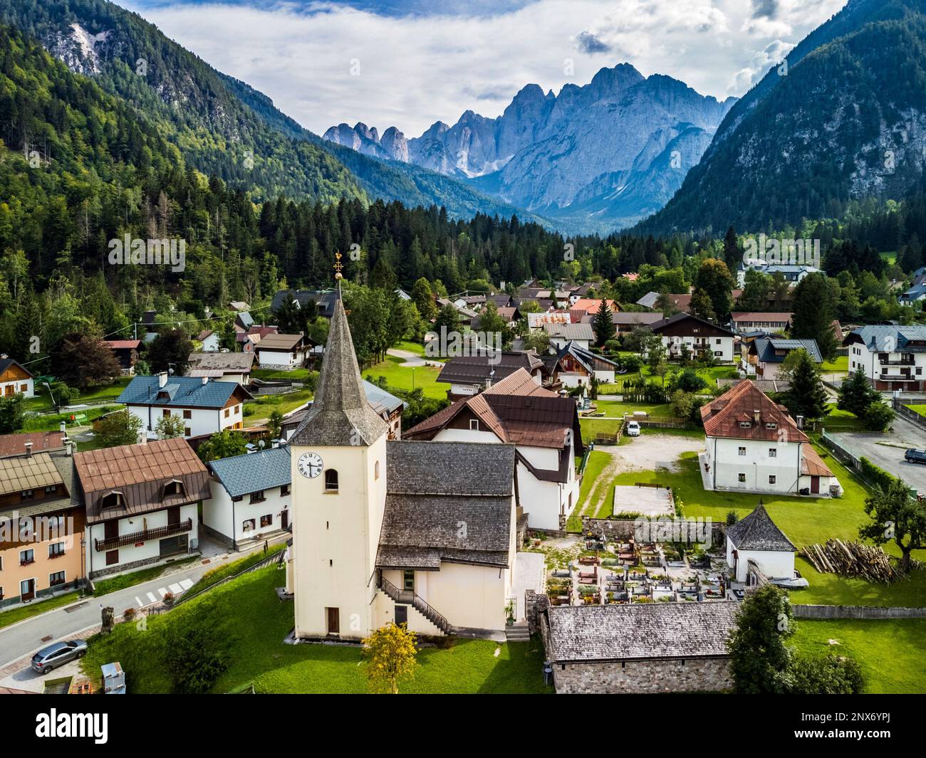 The mountain town of Valbruna and the Julian Alps. Dream nature. Friuli ...