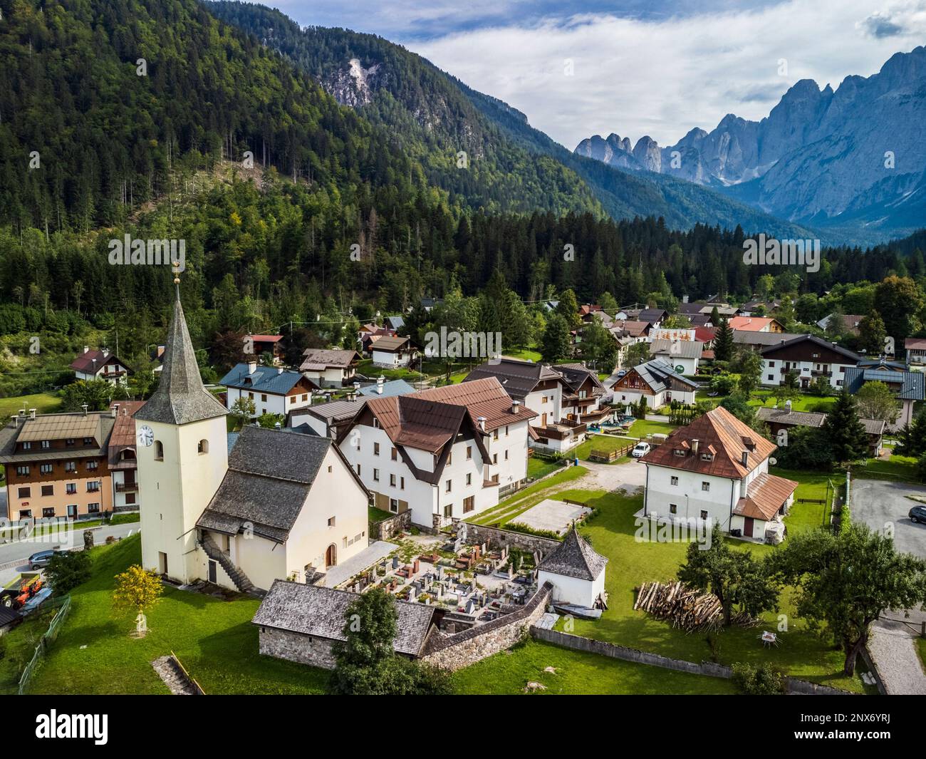 The mountain town of Valbruna and the Julian Alps. Dream nature. Friuli ...