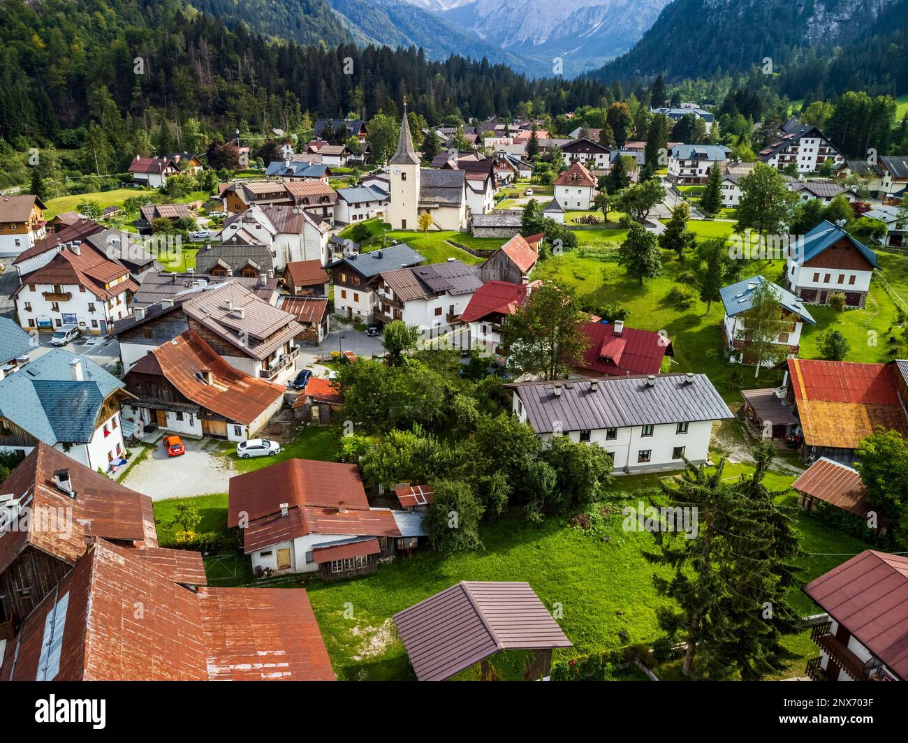 The mountain town of Valbruna and the Julian Alps. Dream nature. Friuli ...