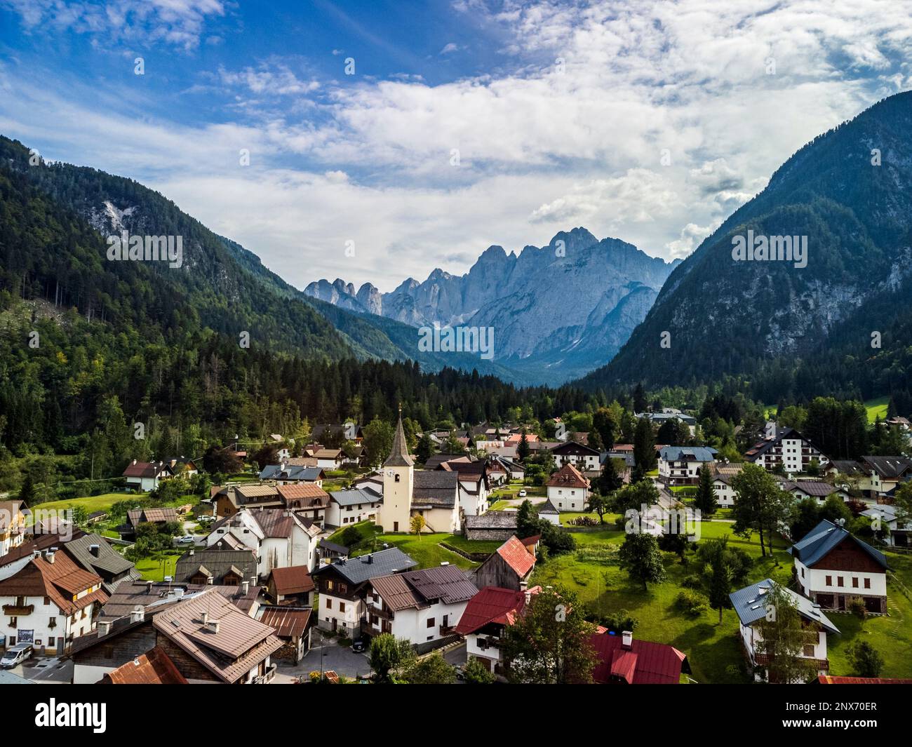The mountain town of Valbruna and the Julian Alps. Dream nature. Friuli ...